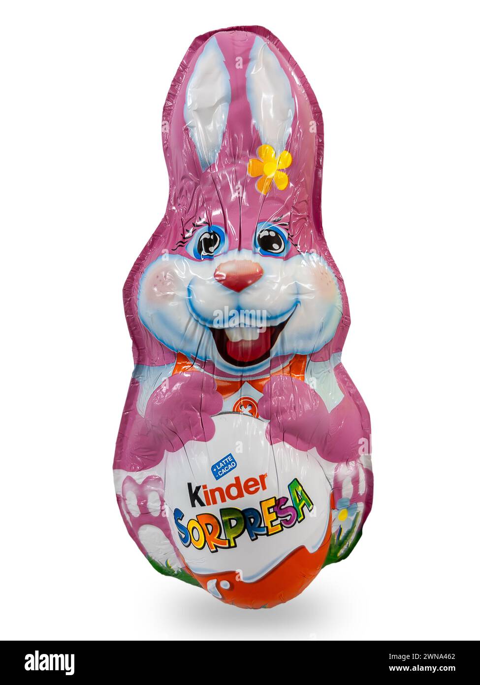 Italy - February 29, 2024: Ferrero Kinder Sorpesa pink chocolate bunny ...