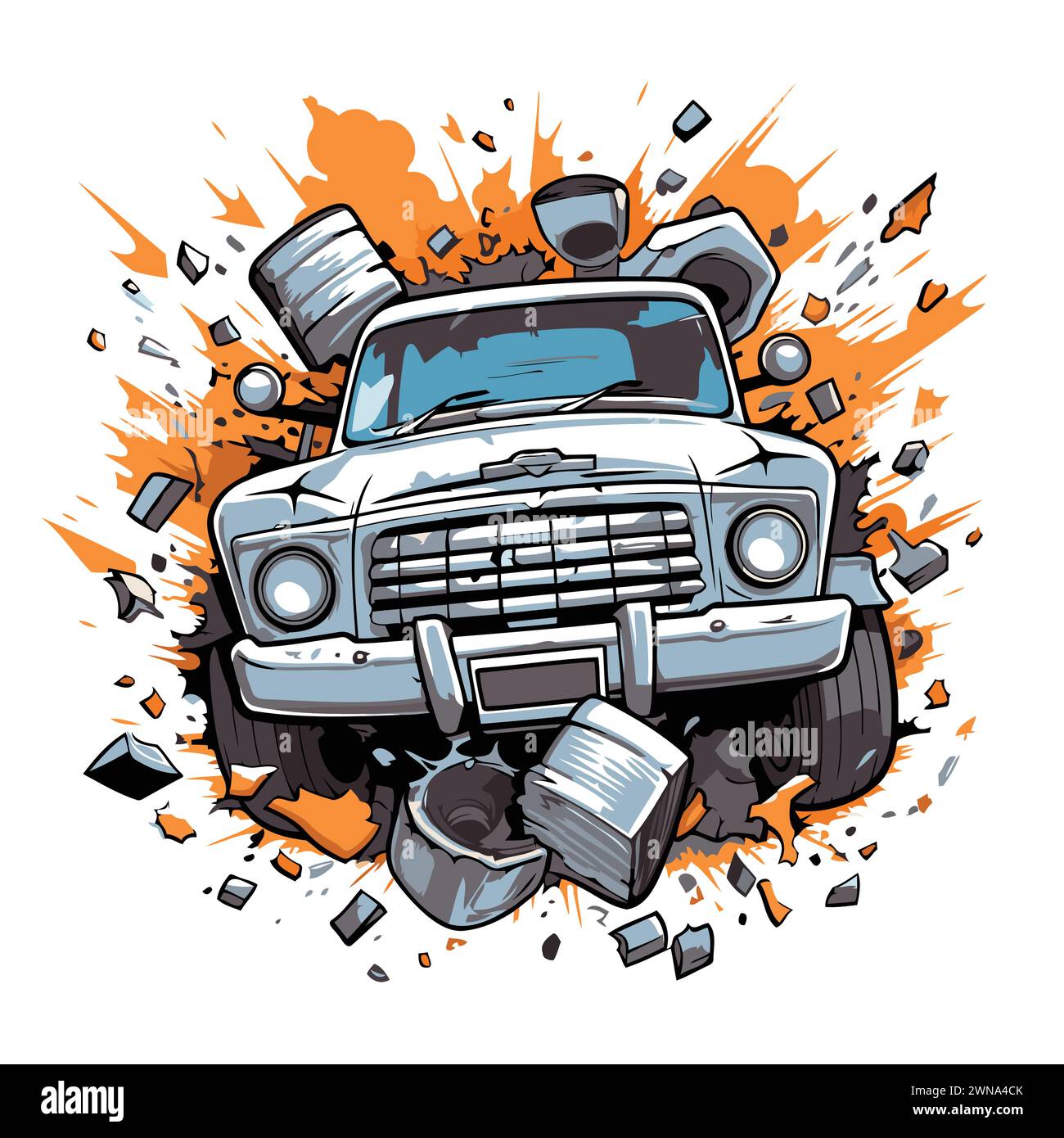 Vector illustration of a retro car on a background of explosion of ...