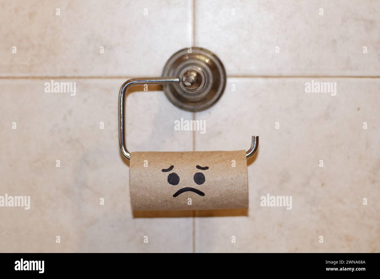Cardboard center of a toilet paper roll without paper with and sad face ...