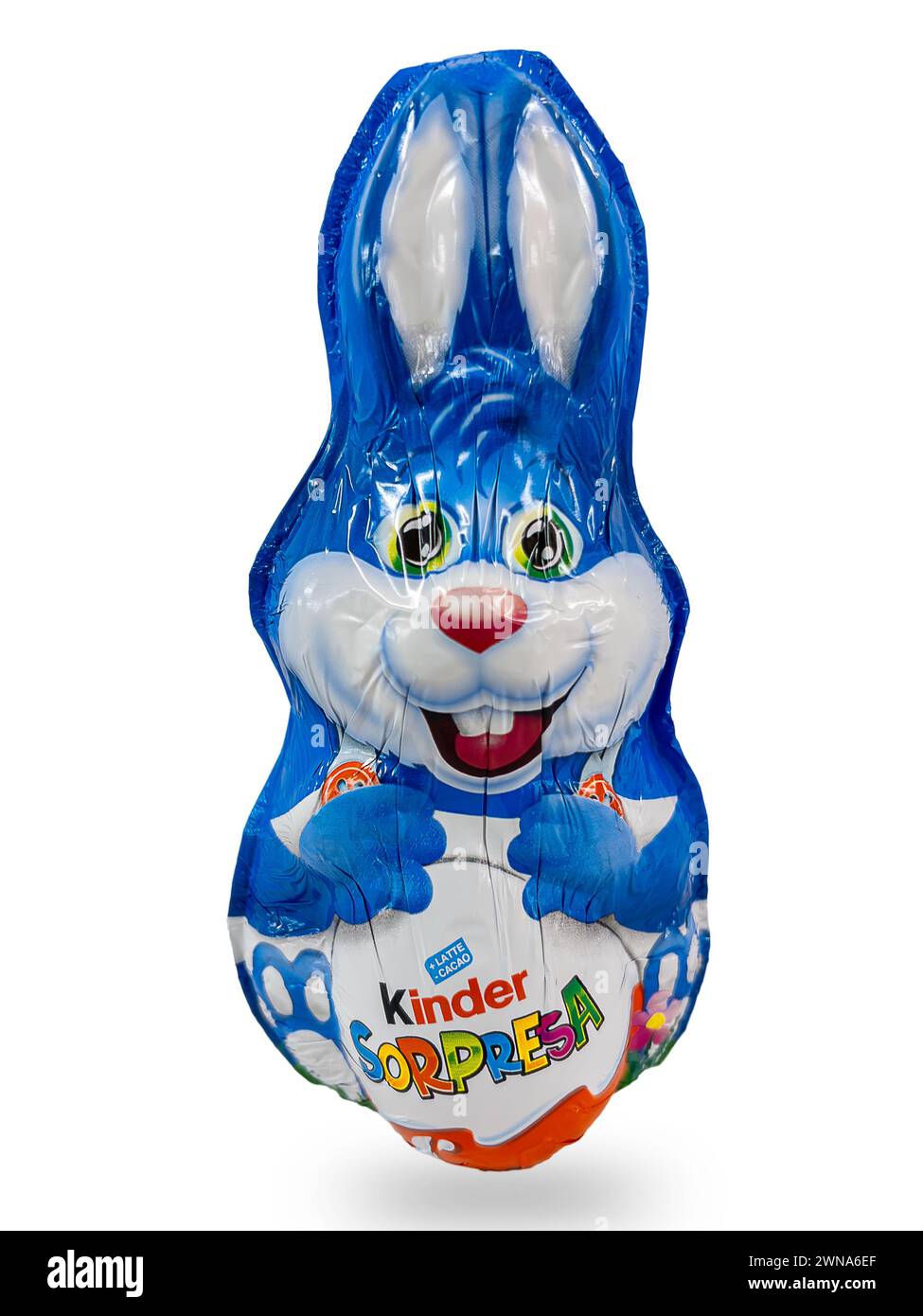 Italy - February 29, 2024: Blue Ferrero Kinder Sorpesa chocolate bunny ...