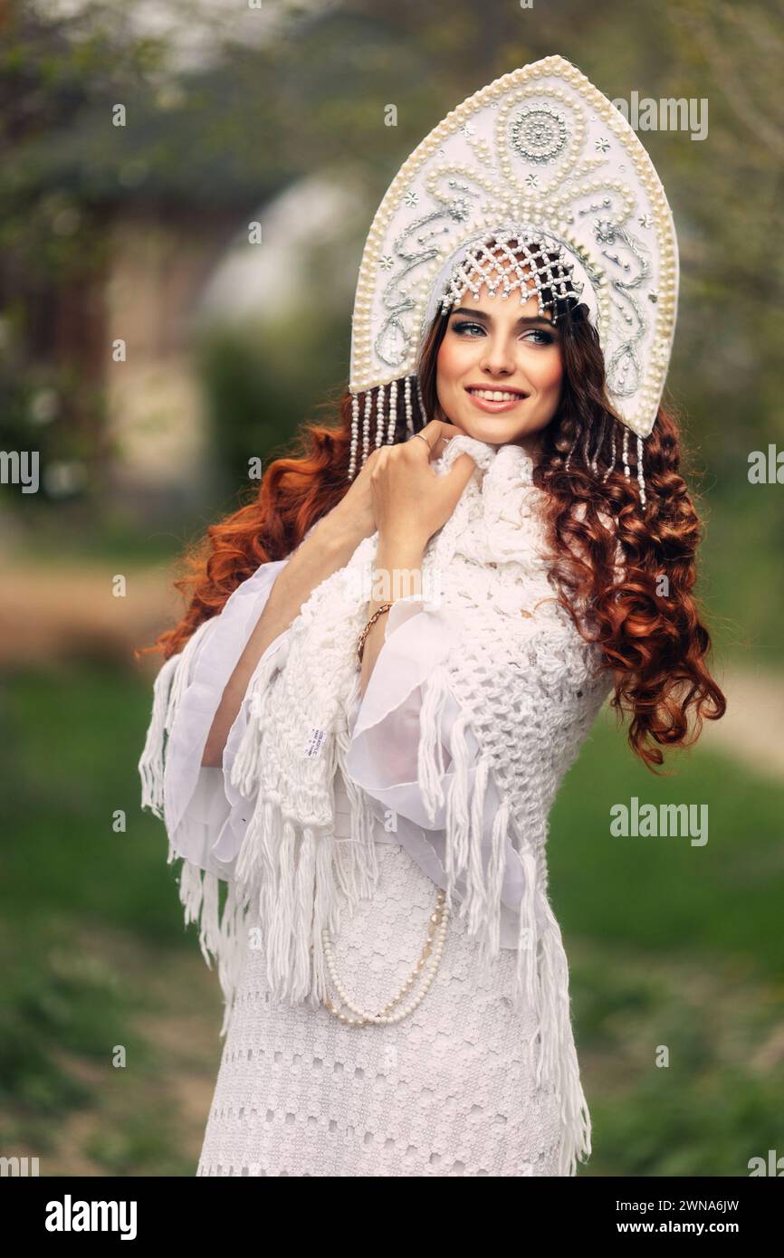 Stylish russian female in traditional national folk dress sundress and ...