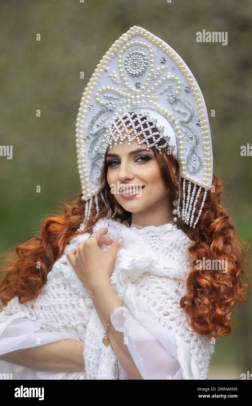 Stylish Russian Female In Traditional National Folk Dress Sundress And