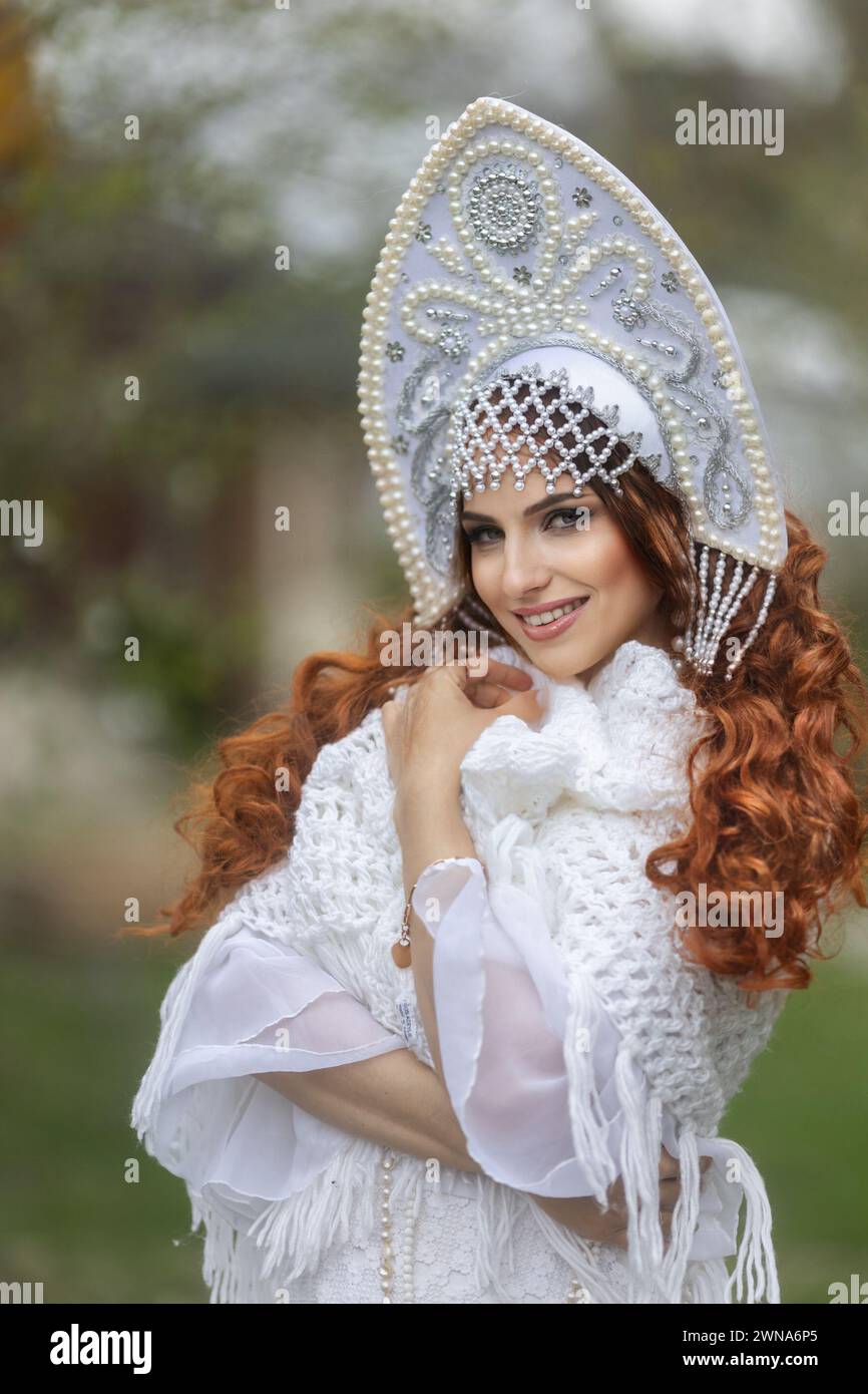 Stylish russian female in traditional national folk dress sundress and ...