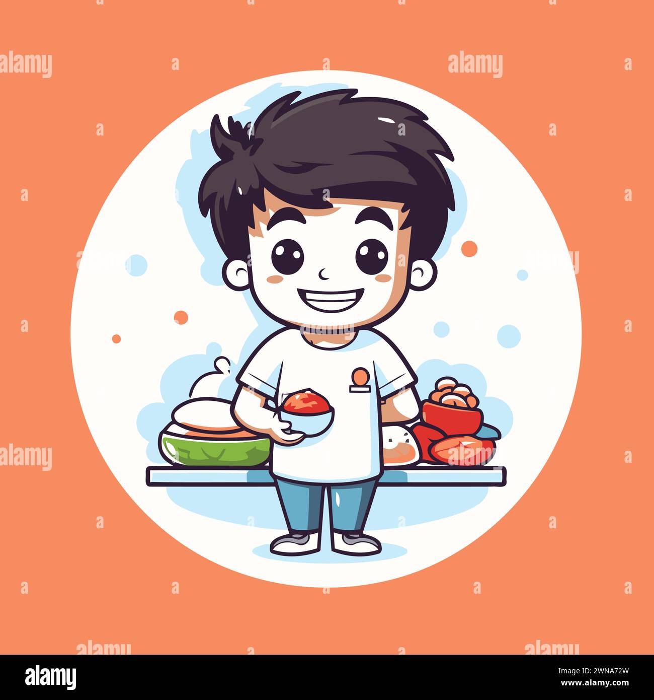 Cartoon boy cooking healthy food. Vector illustration. Cute character ...