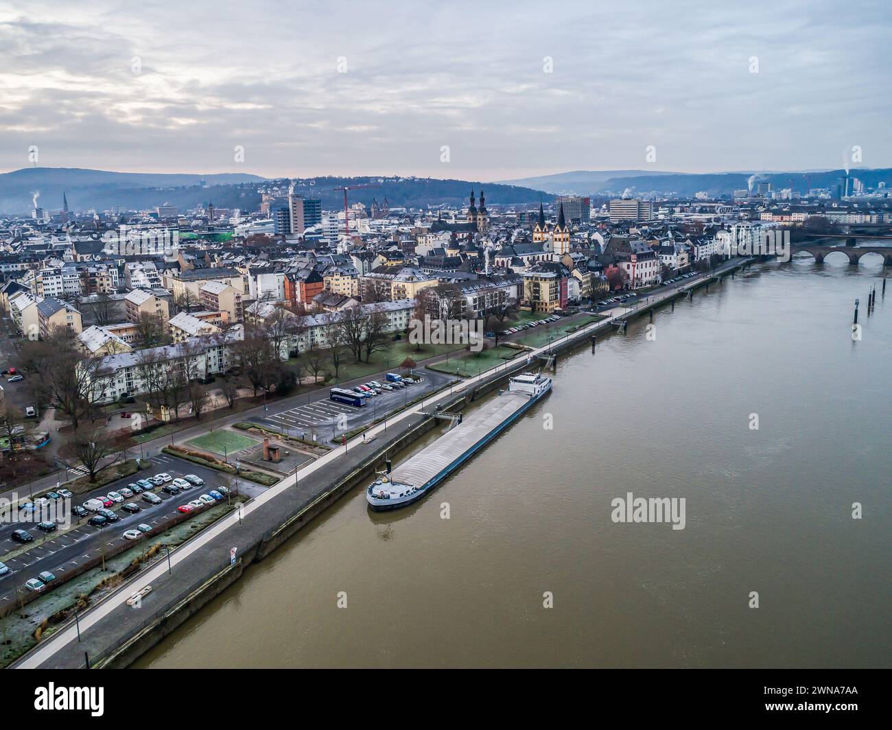 aerial river landscape, view of the Rhine the natural flow in Germany ...