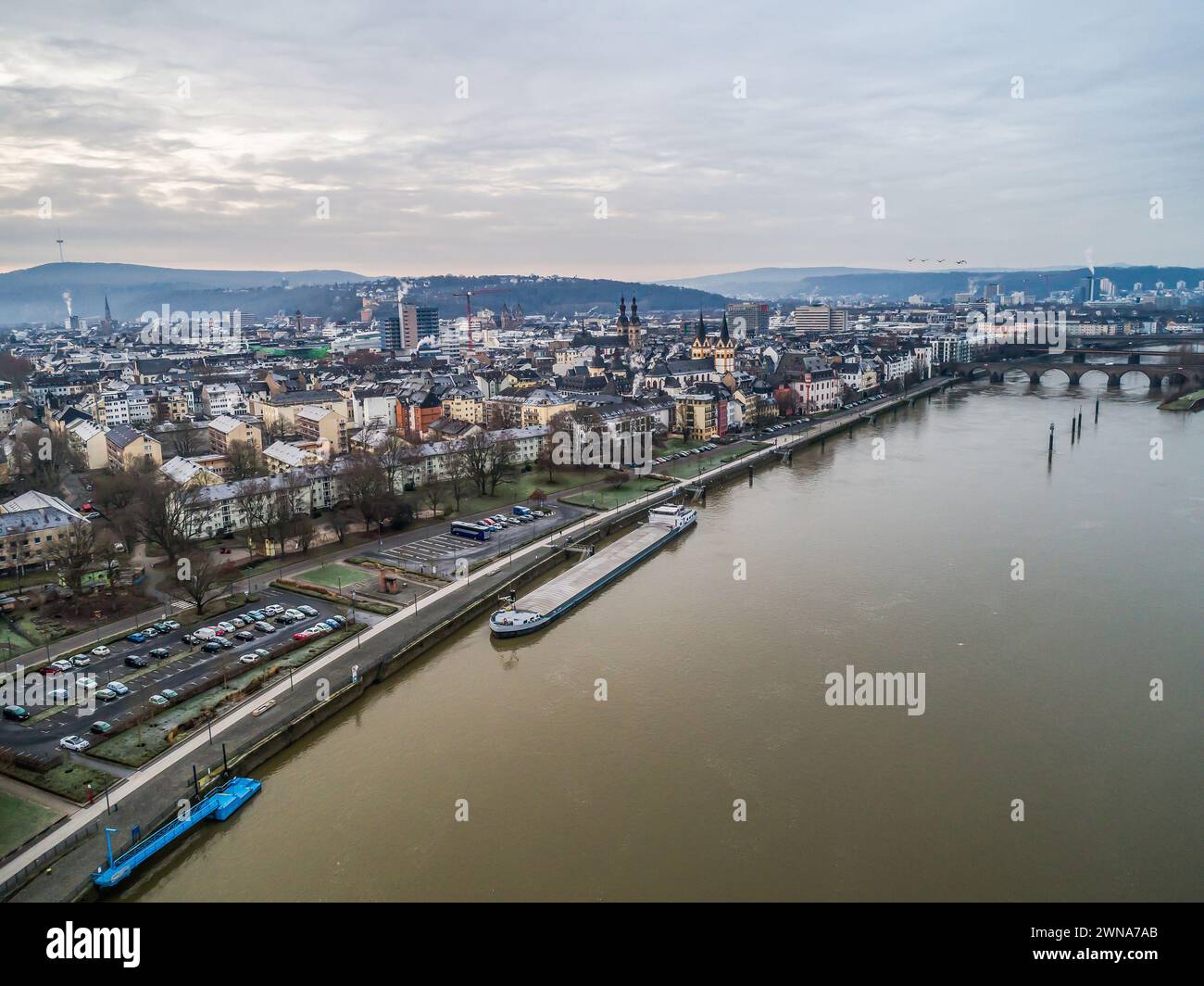 aerial river landscape, view of the Rhine the natural flow in Germany ...