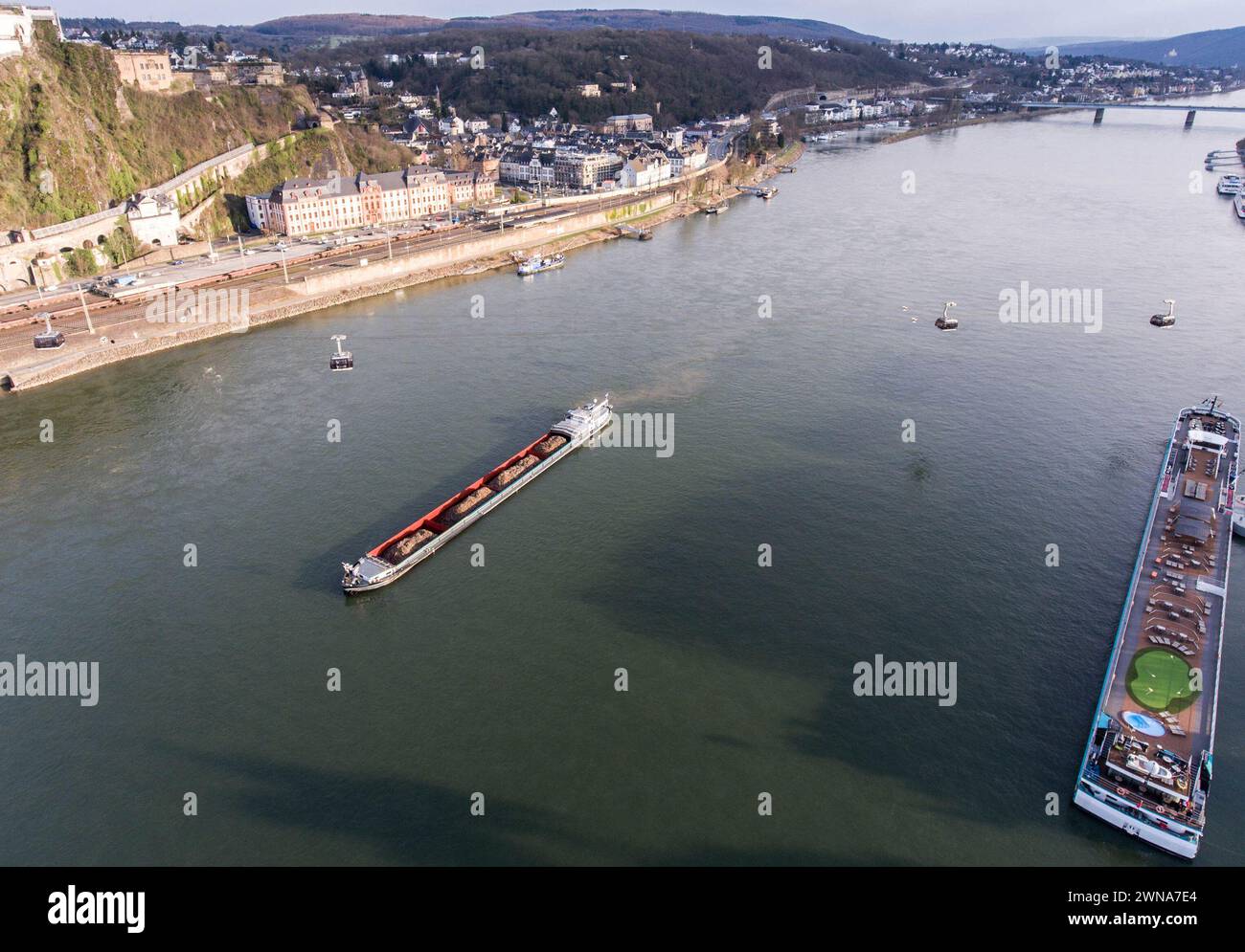 aerial river landscape, view of the Rhine the natural flow in Germany ...
