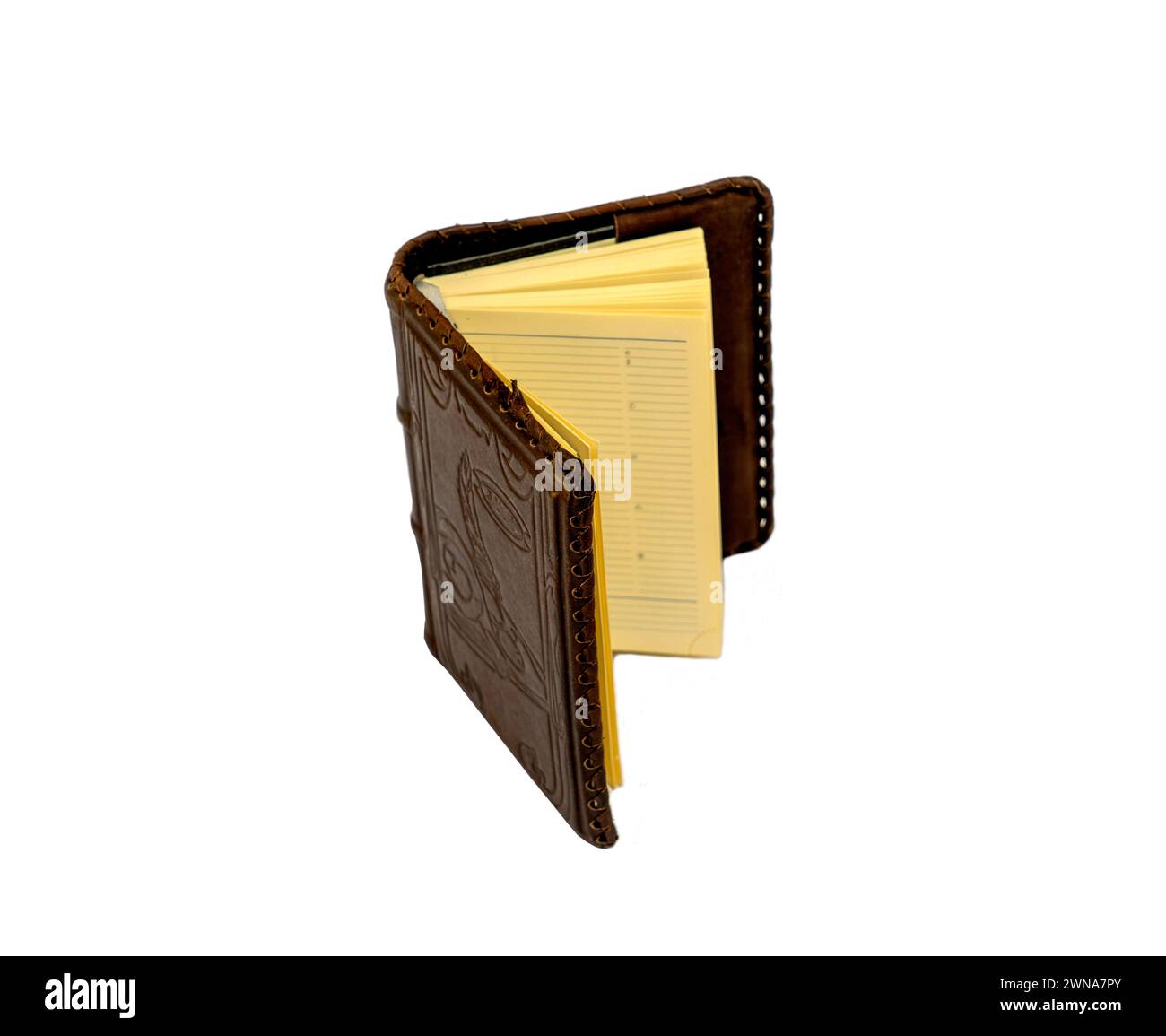 Open Notepad in dark brown genuine leather covers on a white background ...