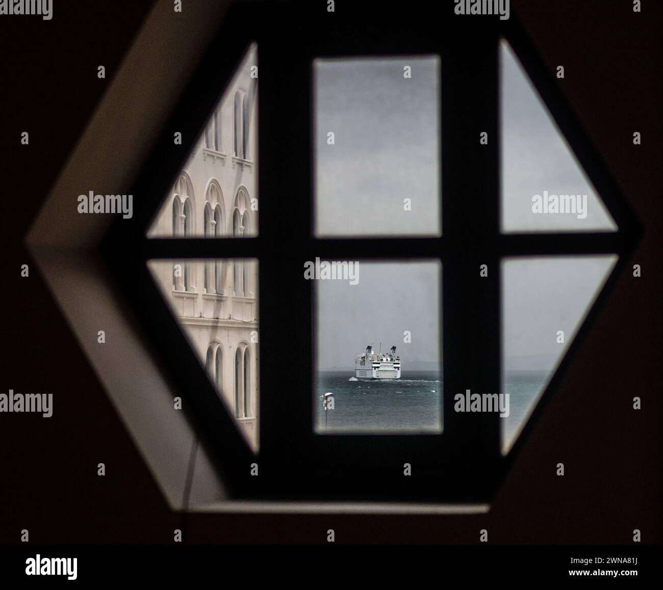 View of a car ferry as sea in stormy weather through a window, Republic ...