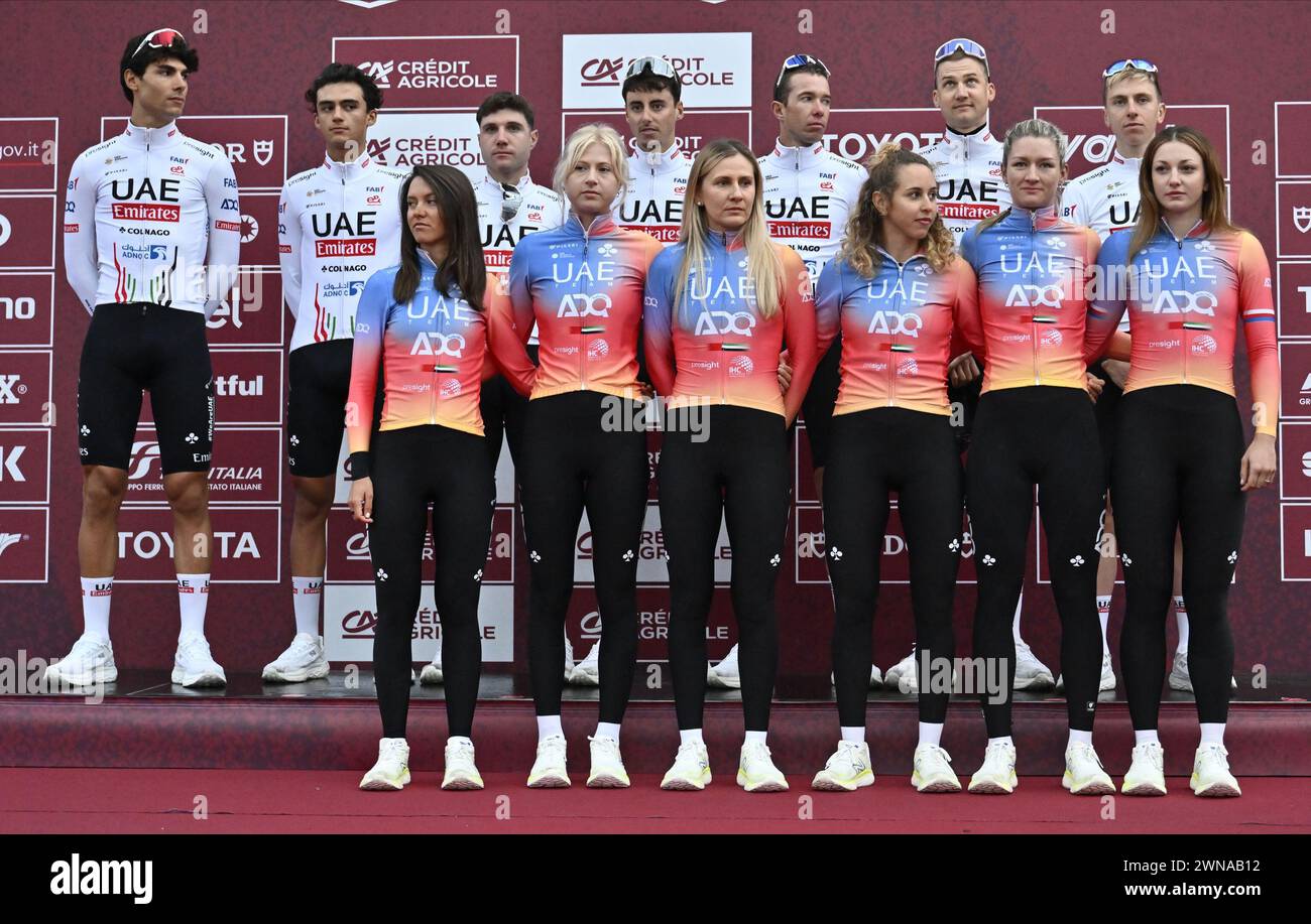 Siena, Italy. 01st Mar, 2024. UAE Team Emirates riders, Belgian Tim ...