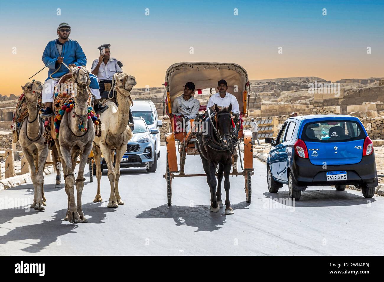 Giza Necropolis, Egypt - April 26, 2022: Funny specific traffic with ...