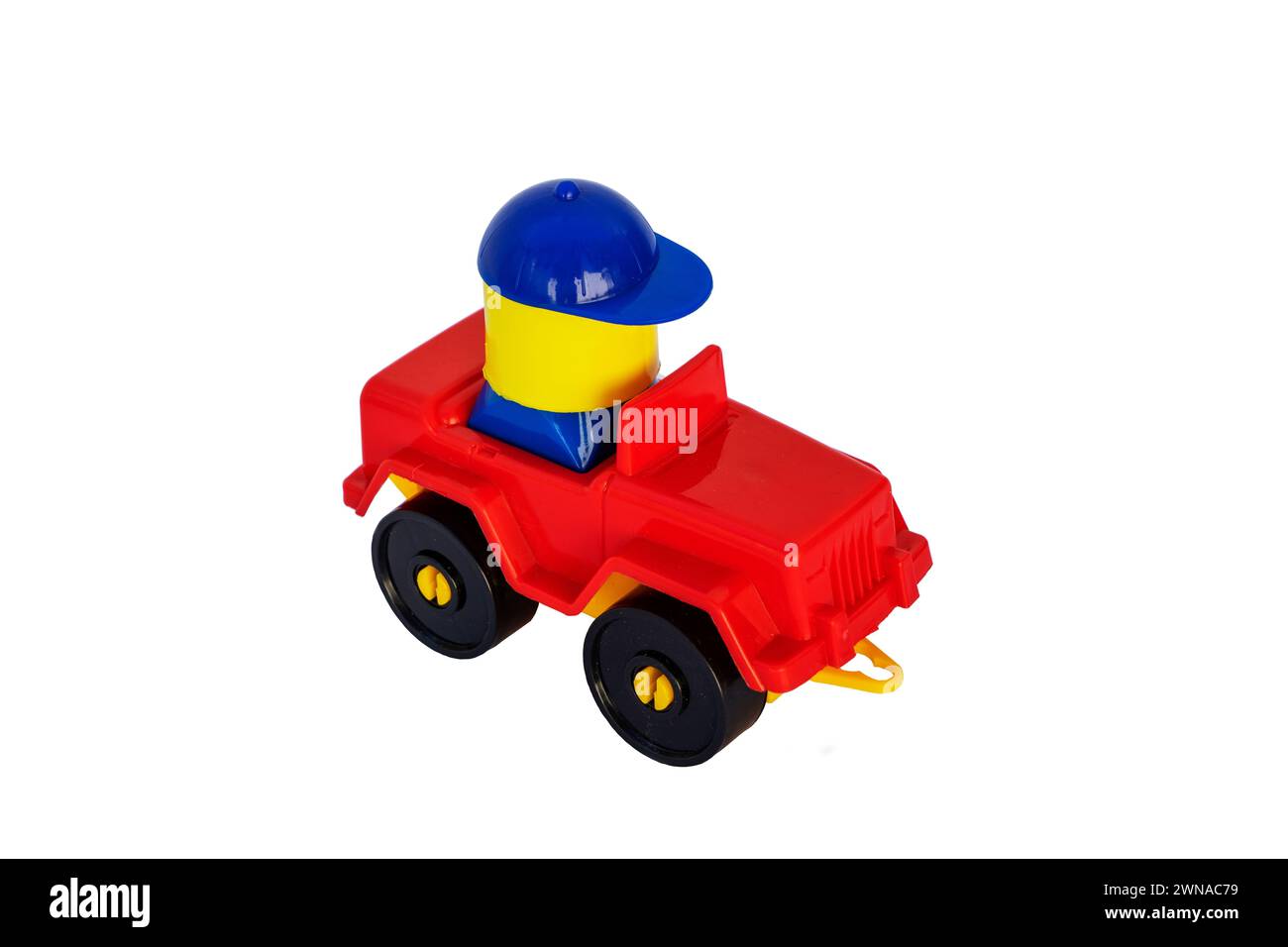 Children's toy, red plastic car with driver on white background Stock ...