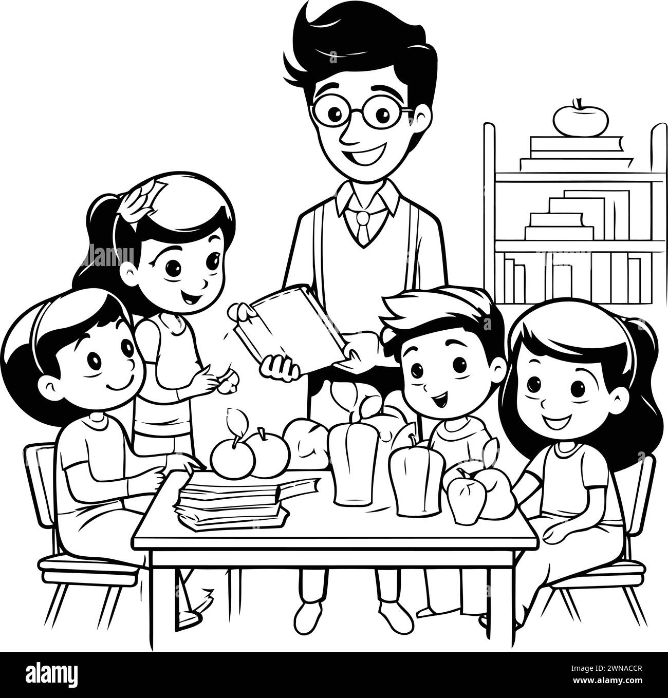 Teacher with students in the classroom black and white vector illustration graphic design Stock ...