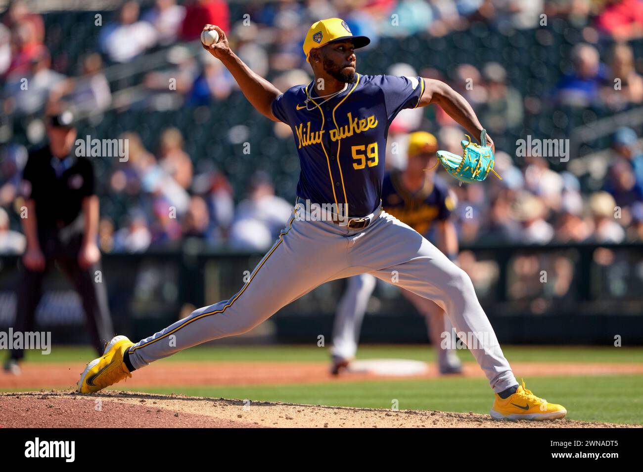 Milwaukee Brewers relief pitcher Elvis Peguero throws against the Texas ...