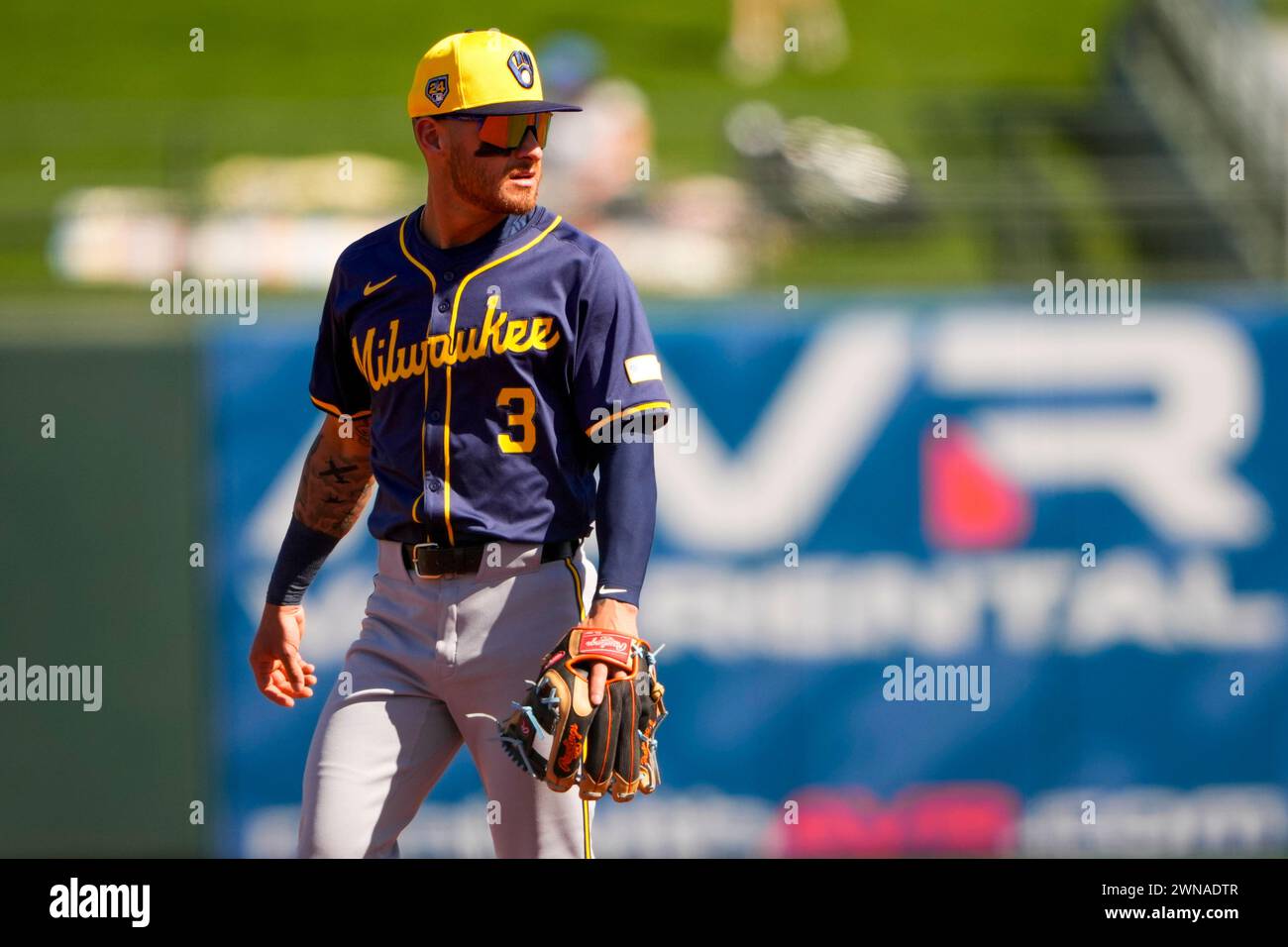 Milwaukee Brewers shortstop Joey Ortiz looks on during a spring ...