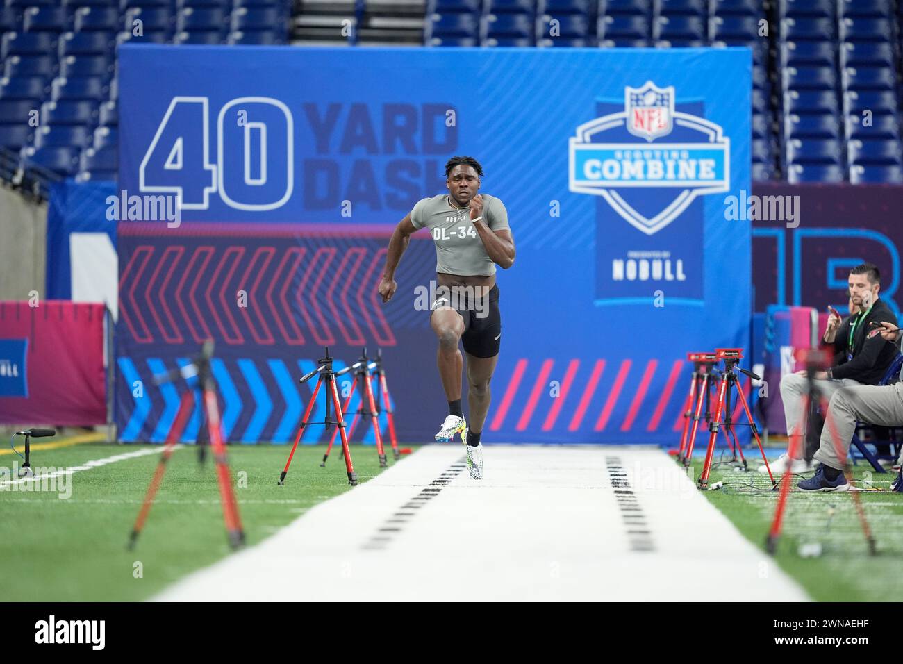 Houston Christian defensive lineman Jalyx Hunt runs the 40-yard dash at the NFL football ...