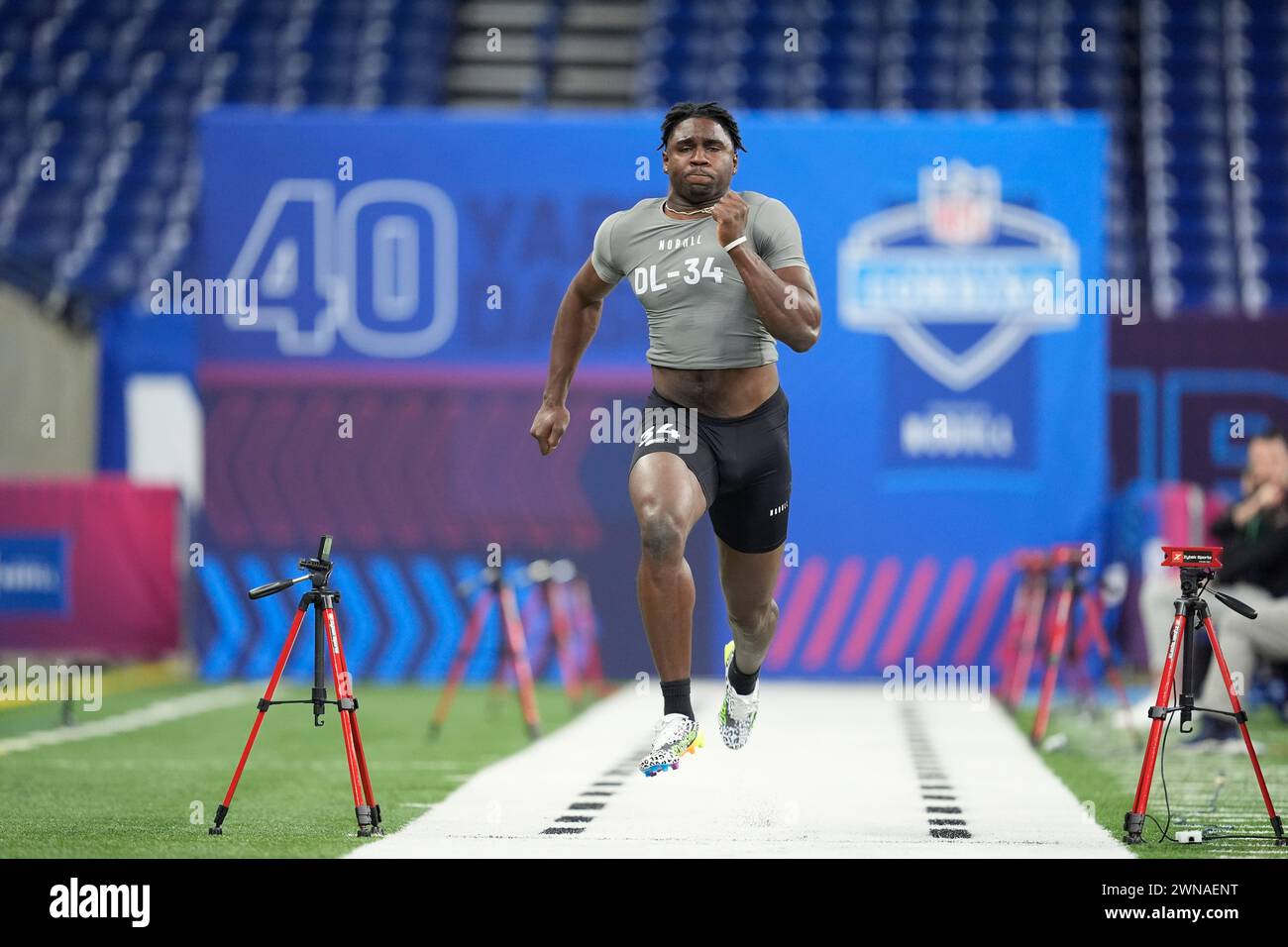 Houston Christian defensive lineman Jalyx Hunt runs the 40-yard dash at the NFL football ...