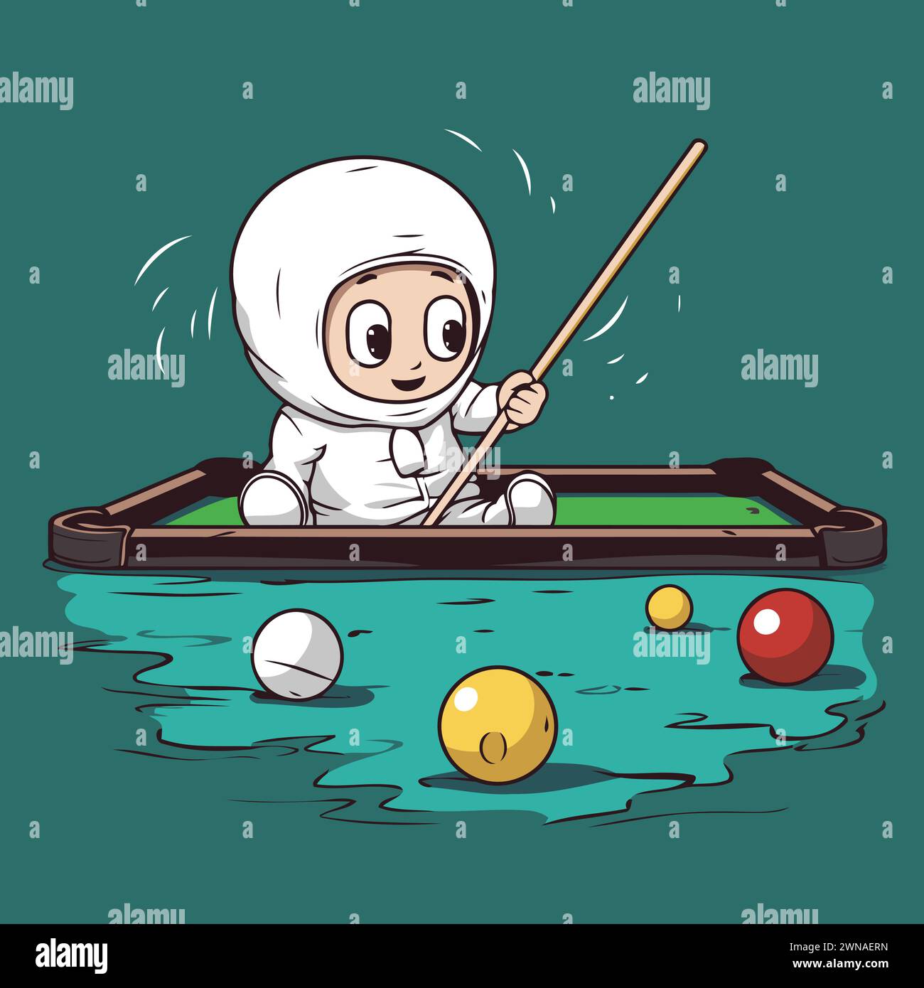 Cartoon boy playing billiards on a green background. Vector ...