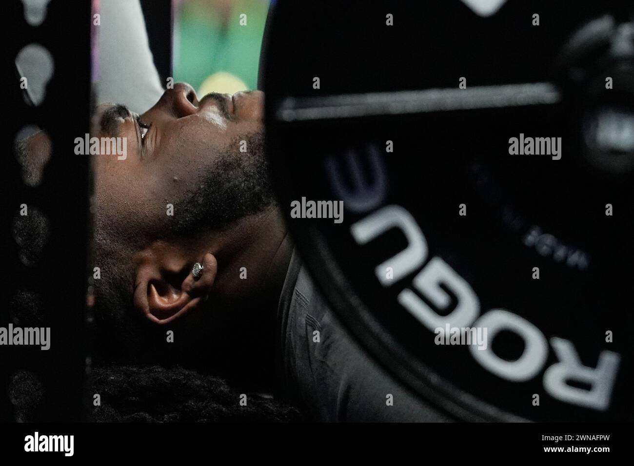 LSU defensive lineman Jordan Jefferson competes in the bench press at ...