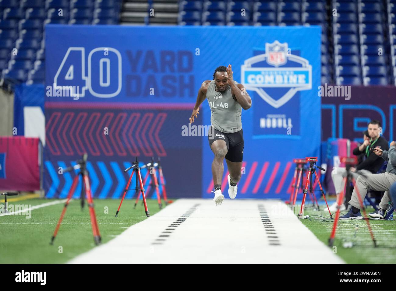 Missouri defensive lineman Darius Robinson runs the 40-yard dash at the NFL football scouting ...