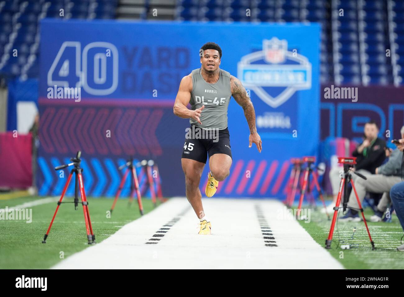 Penn State defensive lineman Chop Robinson runs the 40-yard dash at the ...