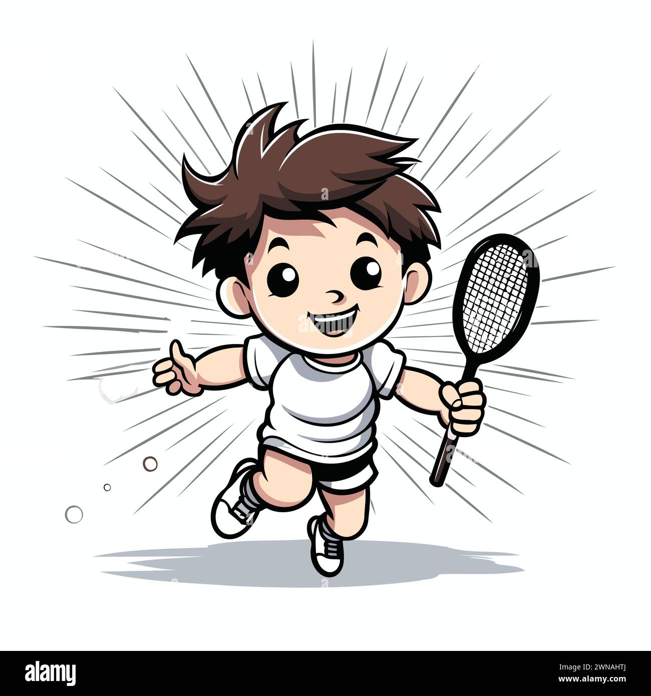 Boy playing tennis with racket on white background. Vector cartoon ...
