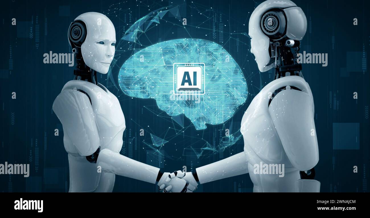 XAI 3d illustration hominoid robot handshake to collaborate future technology development by AI ...