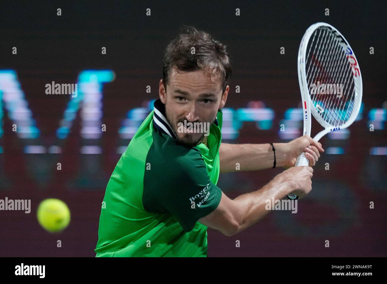 Daniil Medvedev returns the ball to Ugo Humbert of France during a semi final match of the Dubai ...