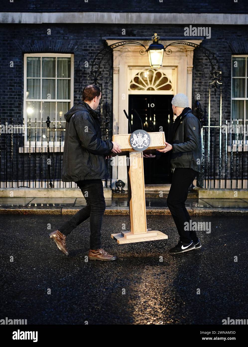 A lectern is placed outside 10 Downing Street, London, ahead of press ...