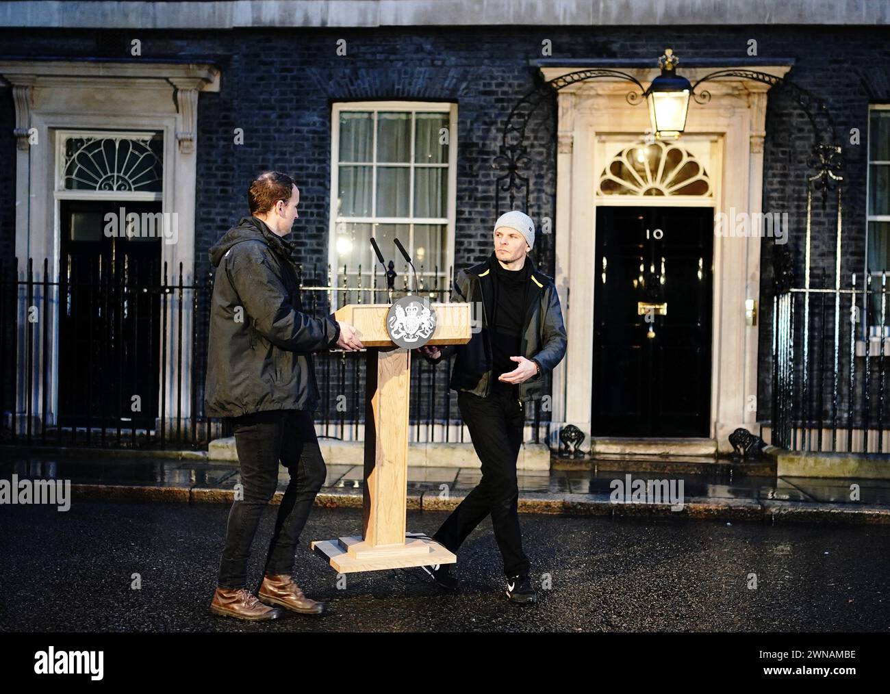 A lectern is placed outside 10 Downing Street, London, ahead of press ...