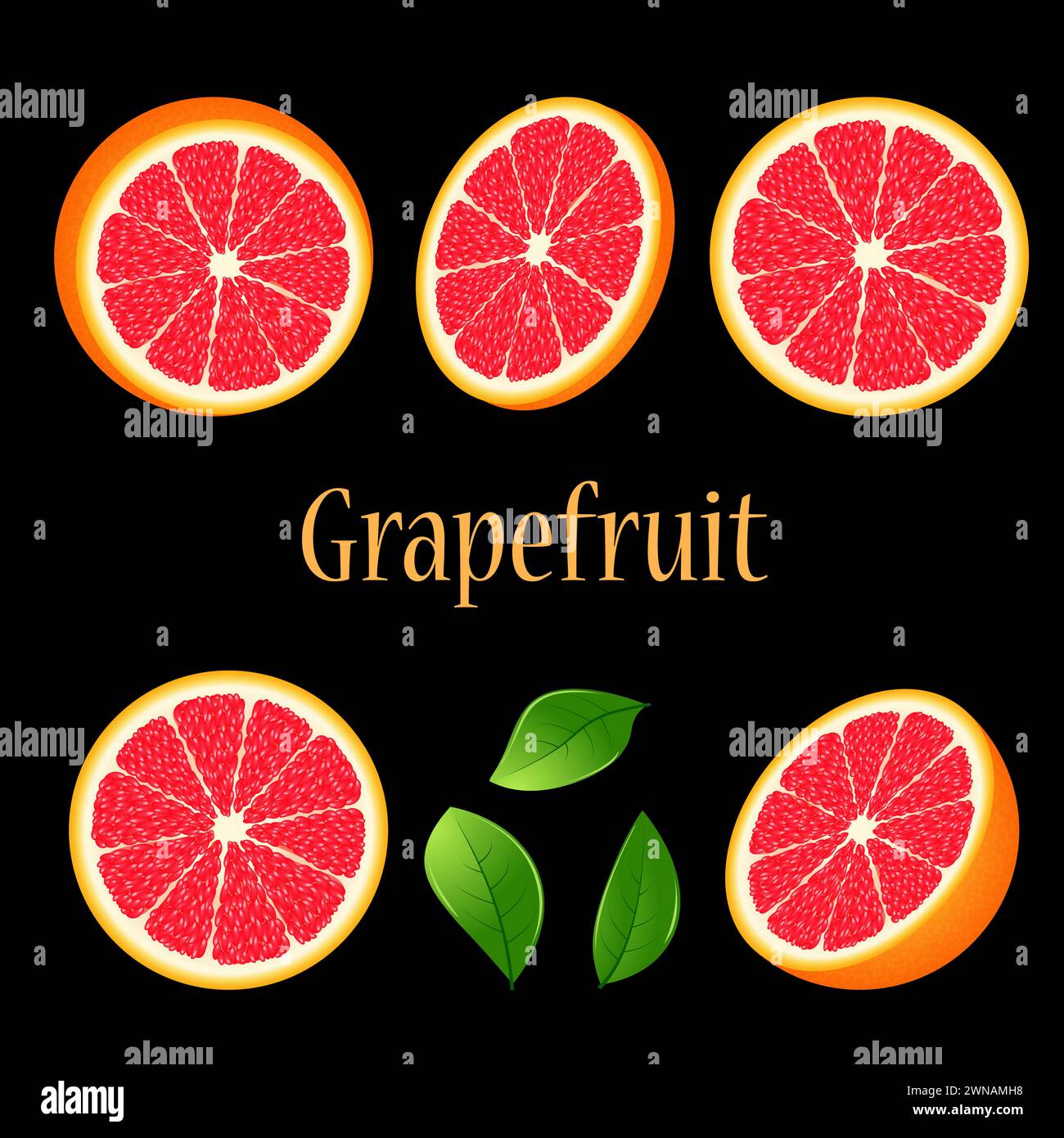 set - Sliced ripe red grapefruit and green leaves isolated on black. tropical fruits. Juicy ...
