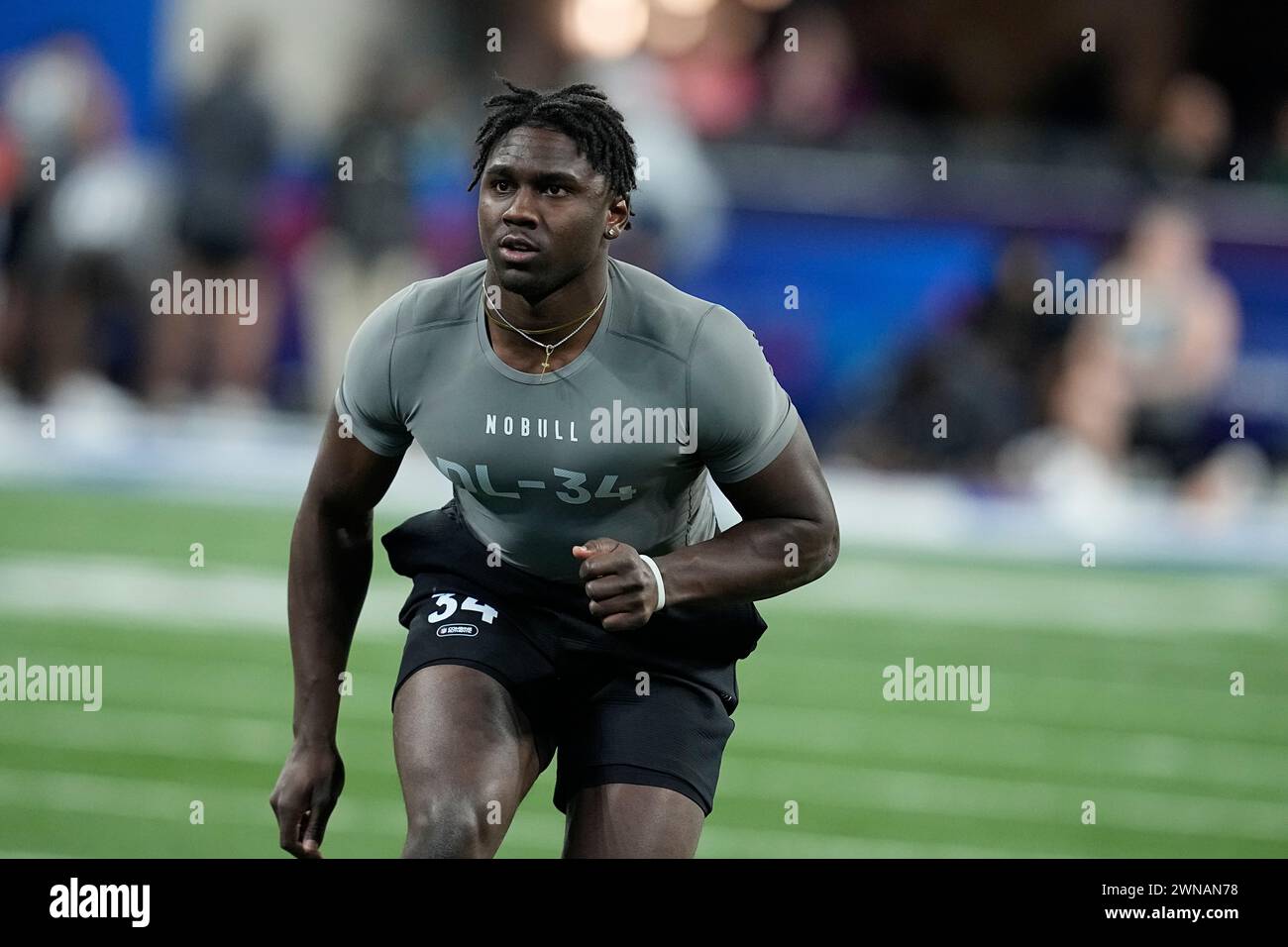 Houston Christian defensive lineman Jalyx Hunt runs a drill at the NFL ...