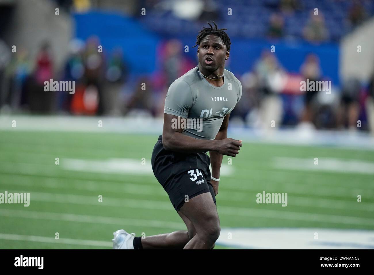 Houston Christian defensive lineman Jalyx Hunt runs a drill at the NFL ...