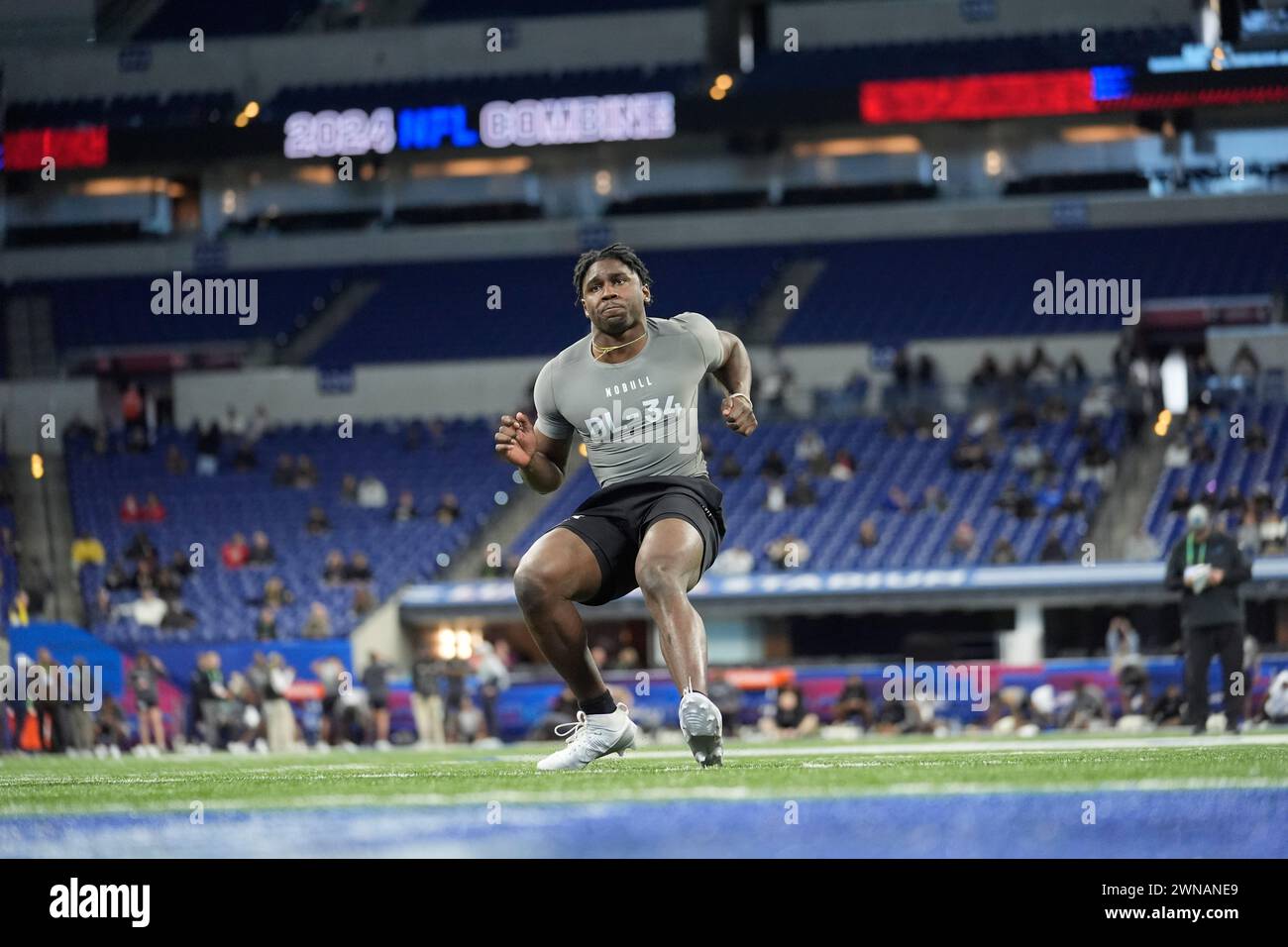 Houston Christian defensive lineman Jalyx Hunt runs a drill at the NFL ...