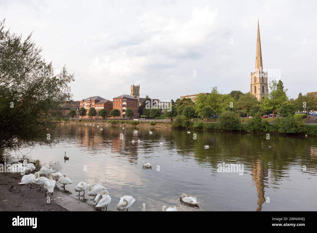 Worcester skyline across the river Severn in the morning ...