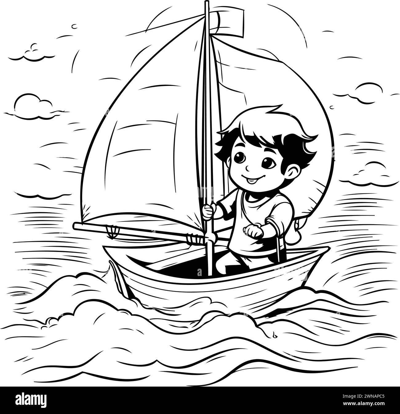 Boy sailing on a sailboat. black and white vector illustration Stock ...