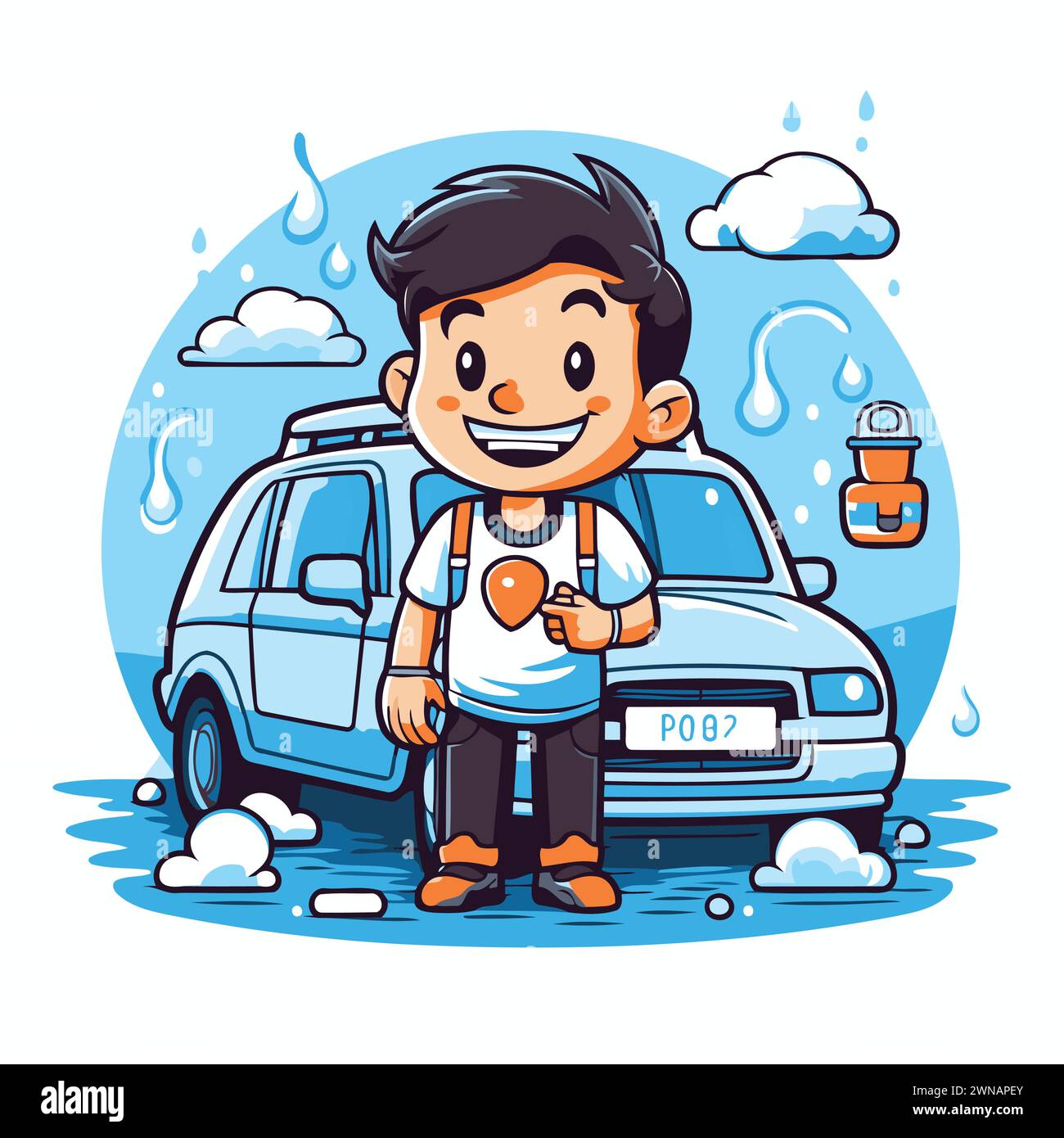 Cartoon boy washing his car. Vector illustration on white background ...
