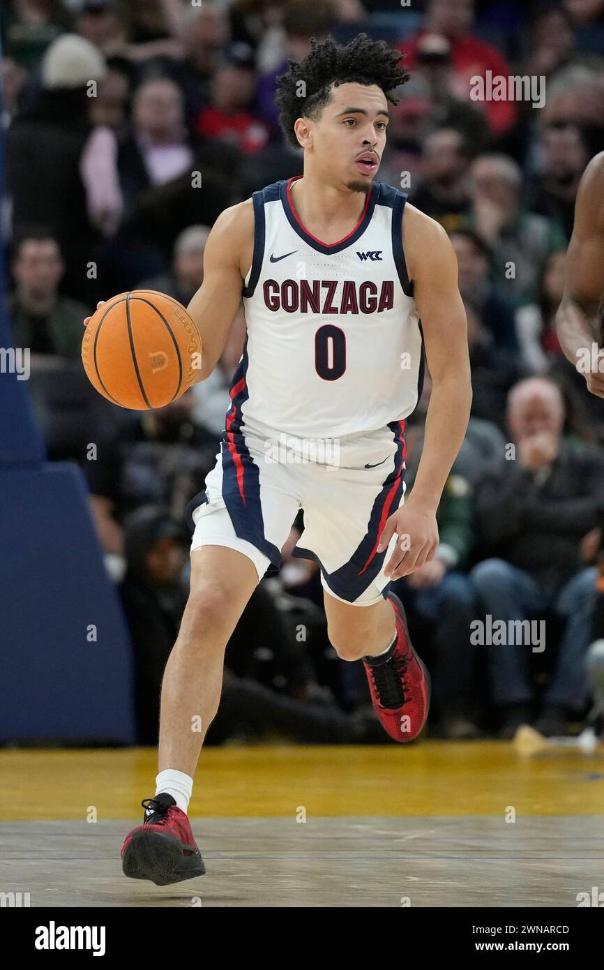 Gonzaga guard Ryan Nembhard during an NCAA college basketball game against San Francisco in San ...