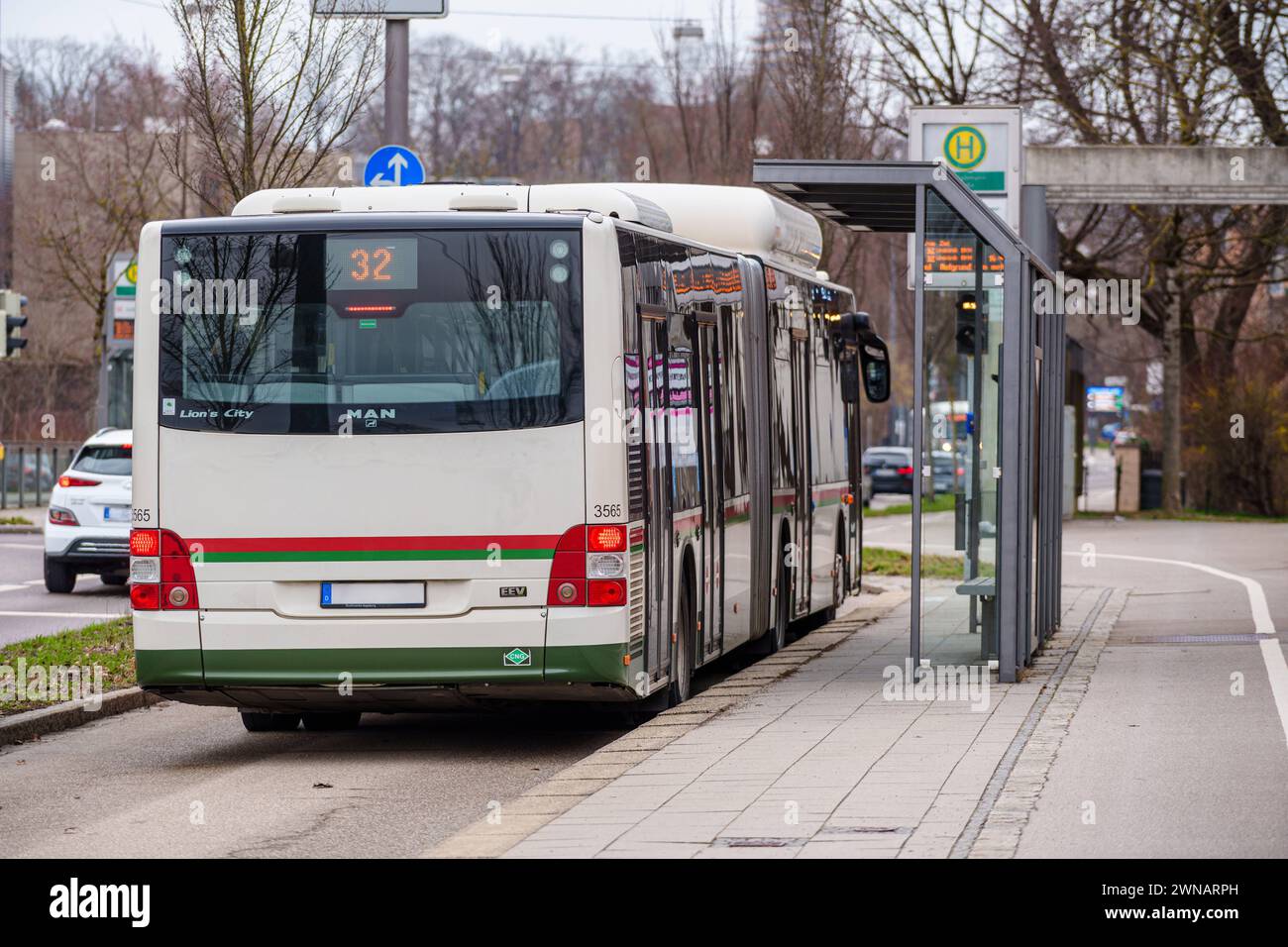 Augsburg, Bavaria, Germany - March 1, 2024: Bus at a bus stop in the city of Augsburg. Public ...
