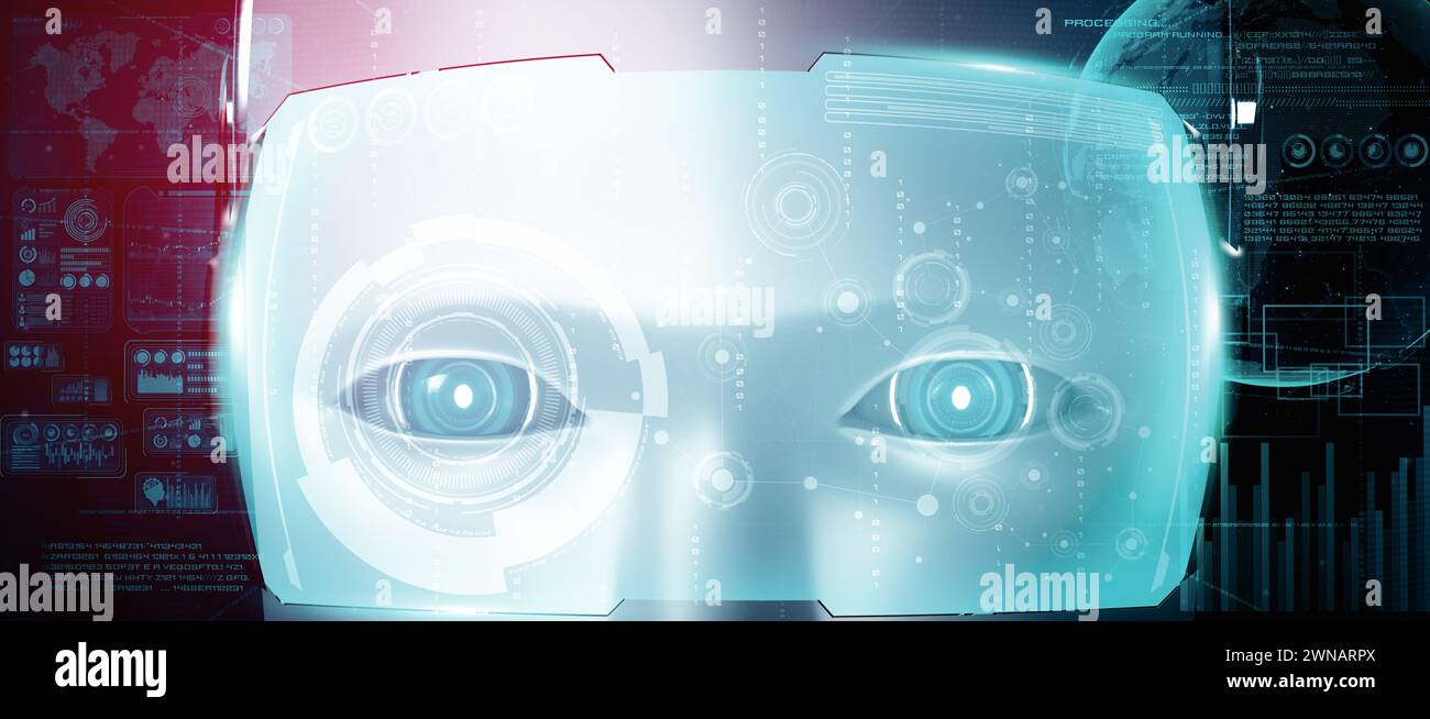 XAI 3d illustration Robot humanoid face close up with graphic concept ...