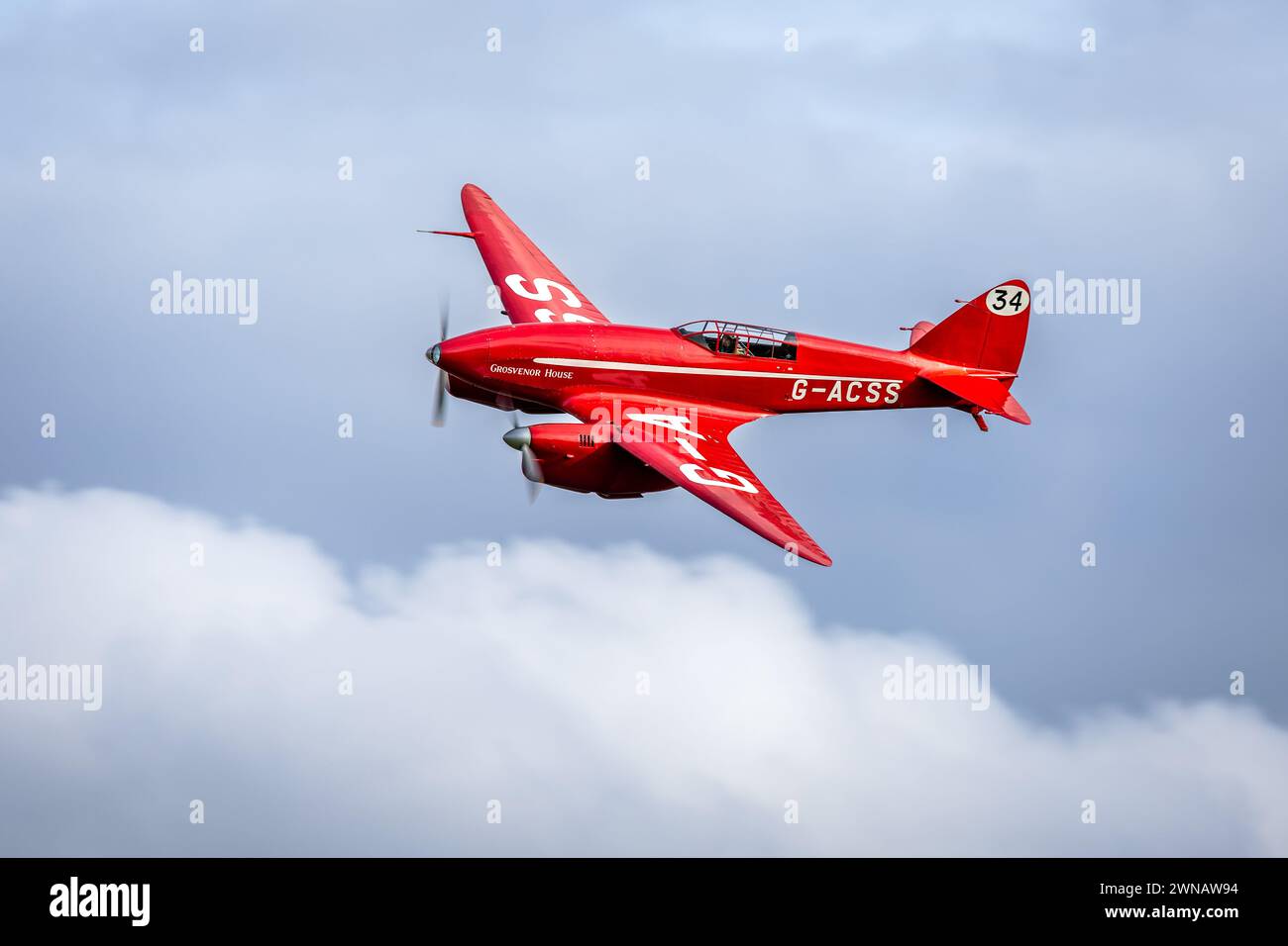 1934 de Havilland DH88 Comet ‘G-ACSS’ airborne at the Race Day airshow held at Shuttleworth on ...