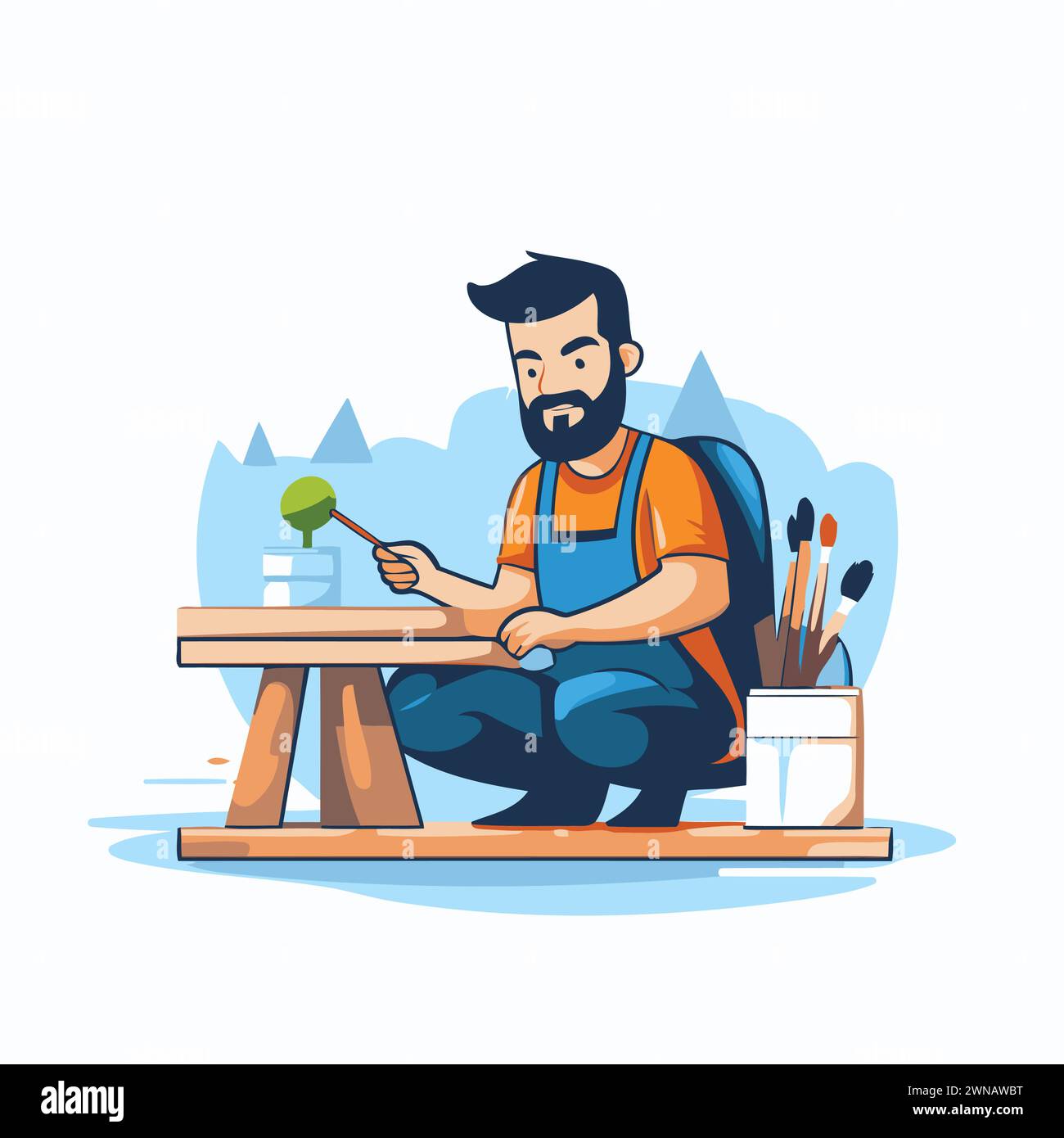 Craftsman sitting at table and painting. Vector illustration in cartoon ...