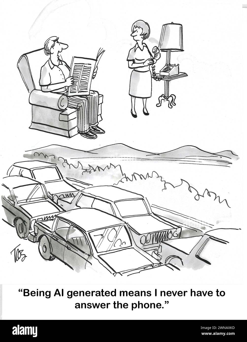 BW cartoon about a husband and wife who do not answer the phone since ...