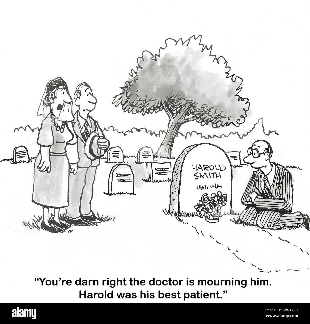 BW cartoon of a doctor at a patient's gravesite. He was the doctor's ...