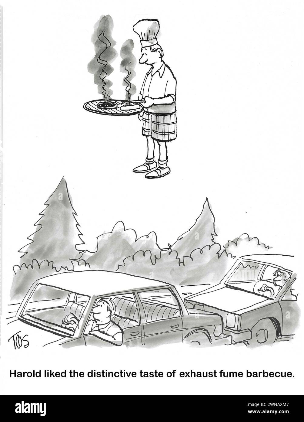 BW cartoon of a man cooking his BBQ above the hoods of the cars on the ...