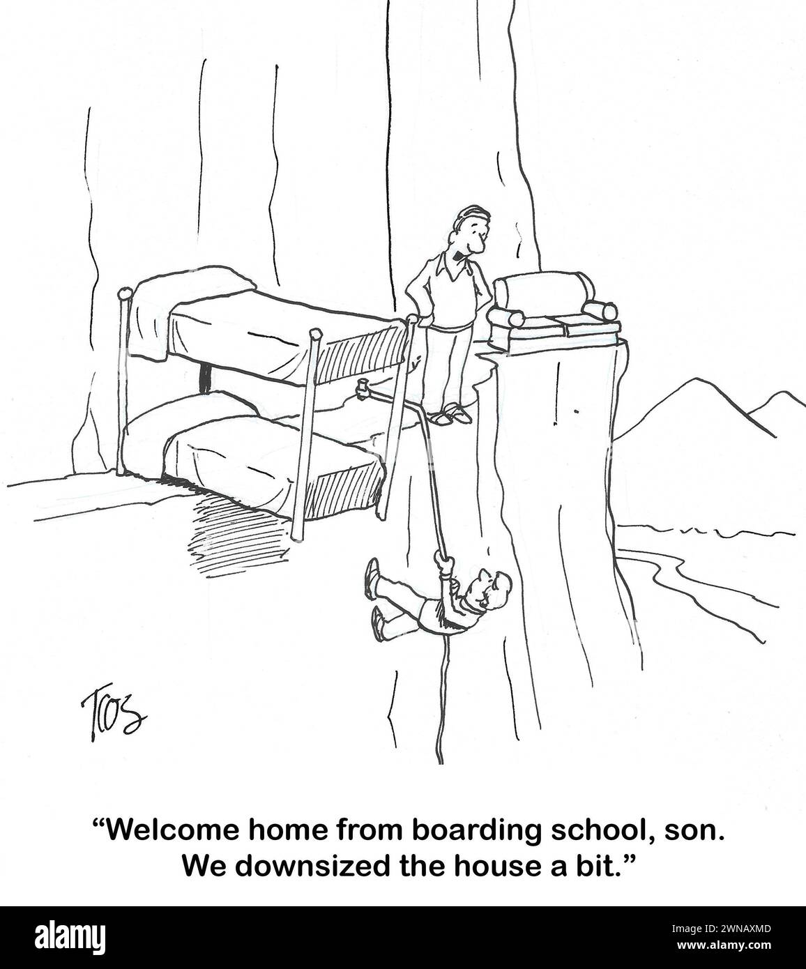 BW cartoon of a son climbing up a rope to the cliff side 'house'. The ...