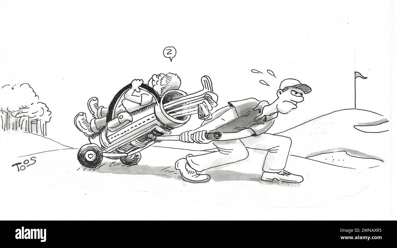 BW cartoon showing a golf caddy with an unusually heavy golf bag, his ...