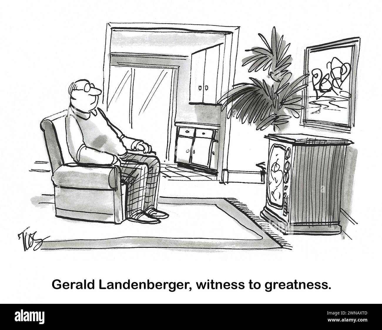 BW cartoono of Gerald watching television and witnessing the greatness ...
