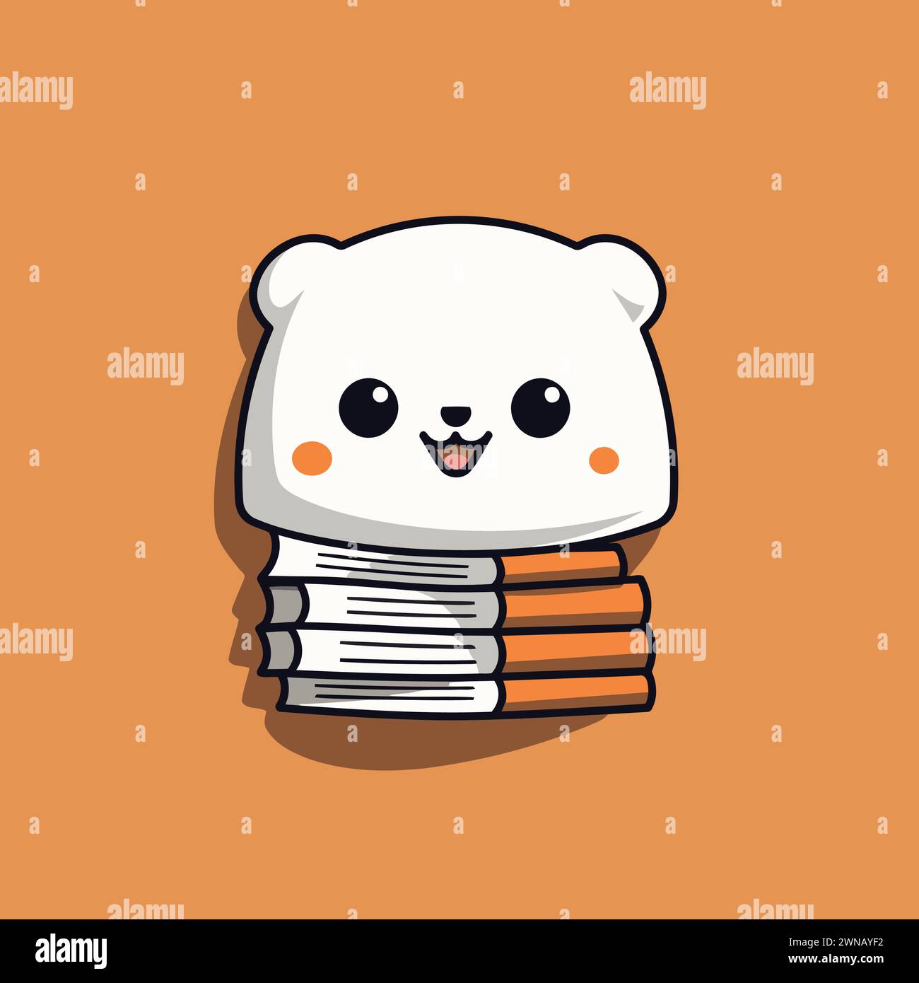 Cute polar bear with stack of books on orange background. Vector ...