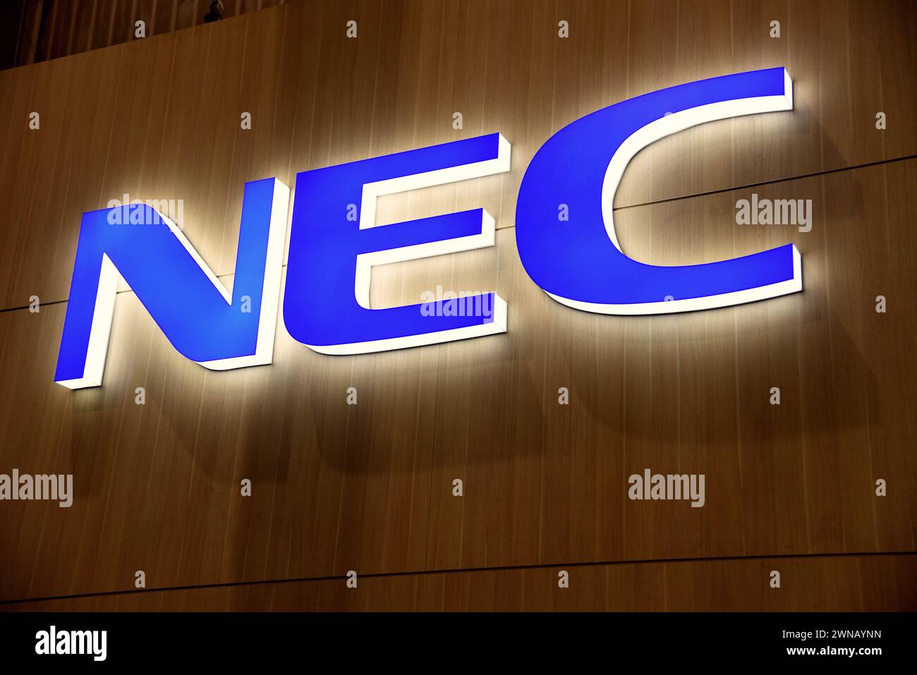 A view of the logo of the Japanese company NEC at the Mobile World Congress 2024. Logos of ...